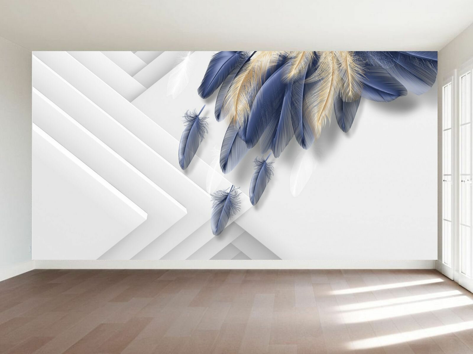 Фотообои на стену антивандальные 500х270см Синие перья винил на флизелине
