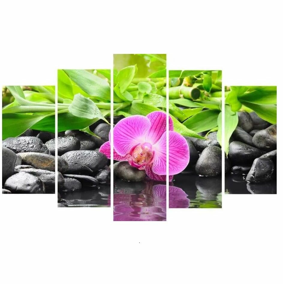 Модульная картина modul007 на стену для интерьера из 5 модулей "Сиреневая орхидея на камнях" 140х80 см для комнаты