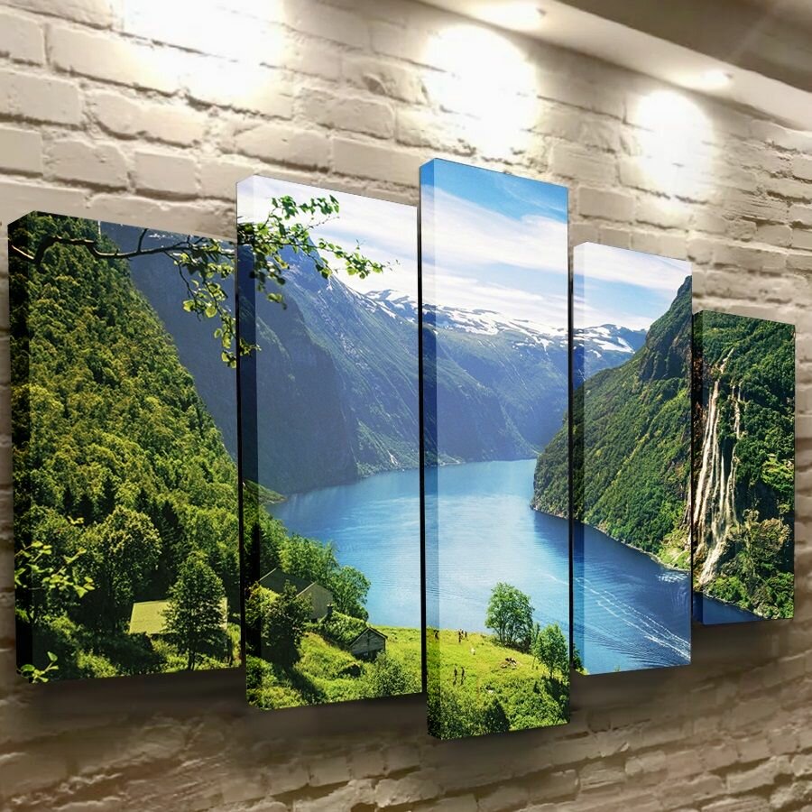 Картина модульная на стену modul007 для интерьера 140х80 см из 5 модулей "Река в горах" декор для комнаты на подрамнике