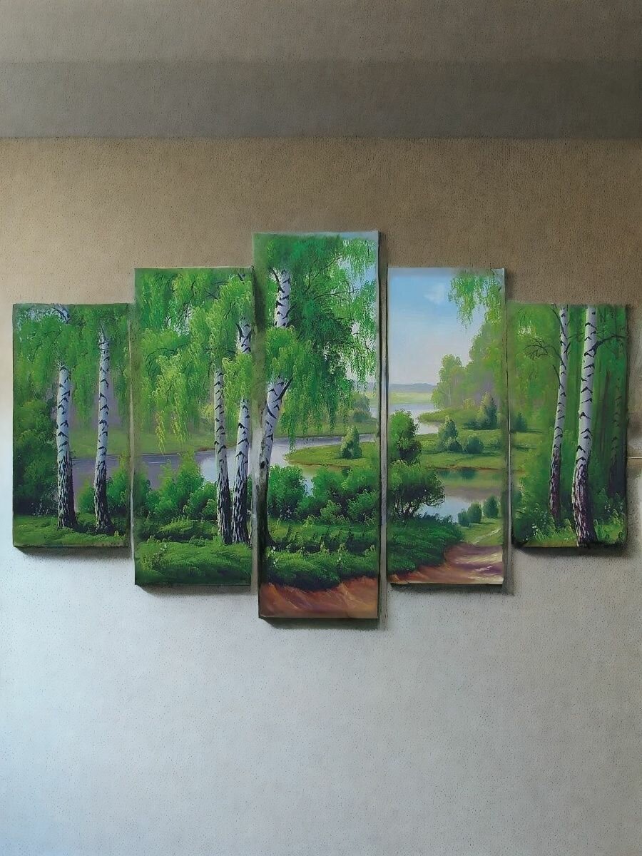 Modul007 Картина модульная на стену для интерьера 140х80 см из 5 модулей "Река в берёзовой роще" декор для комнаты гостиной, спальни, кухни