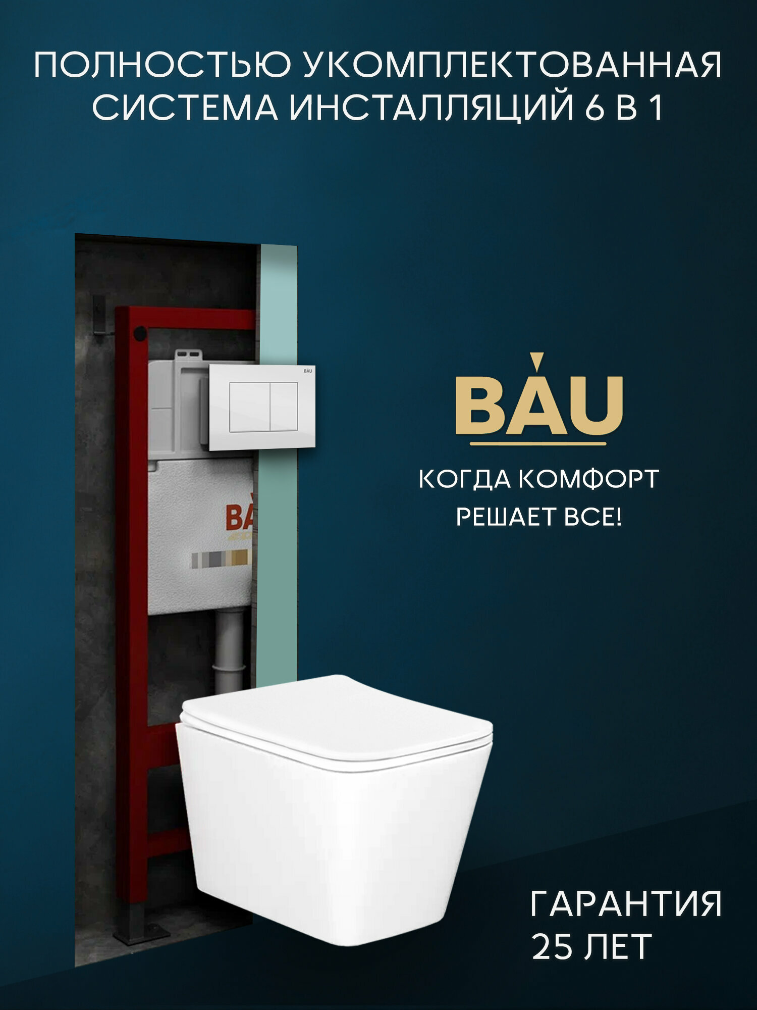 Комплект BAU 6 в 1: инсталляция BAU PRO, Унитаз подвесной безободковый Bau Stil 51x35, сиденье дюропласт микролифт, клавиша BAU Stil, белый глянец