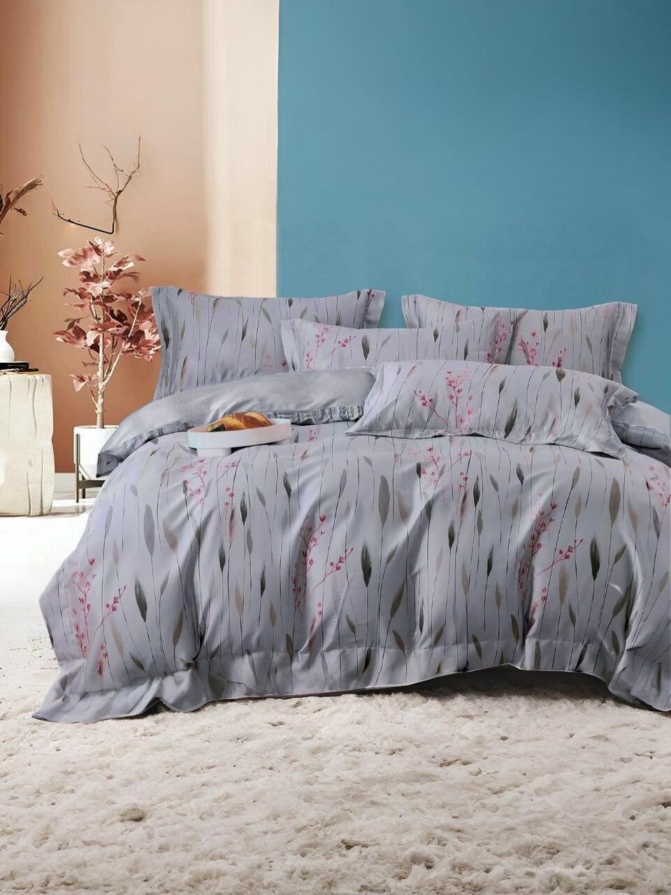 Постельное бельё тенсель King Size на резинке 200х200х30 - "Тонкий Лист"