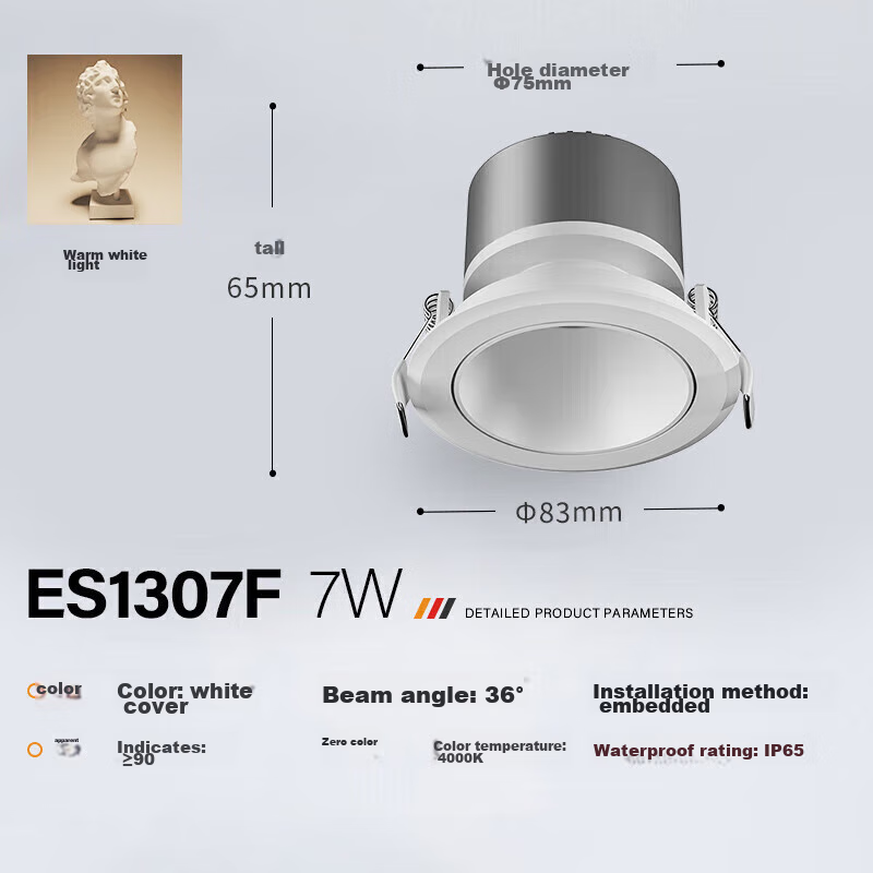 Xidun Lighting (CDN) LED Dustproof Waterproof Spotlight Downlight for Home Bathroom Mirror Front Light ES13 Recessed Spotlight 7W 4000K 36°