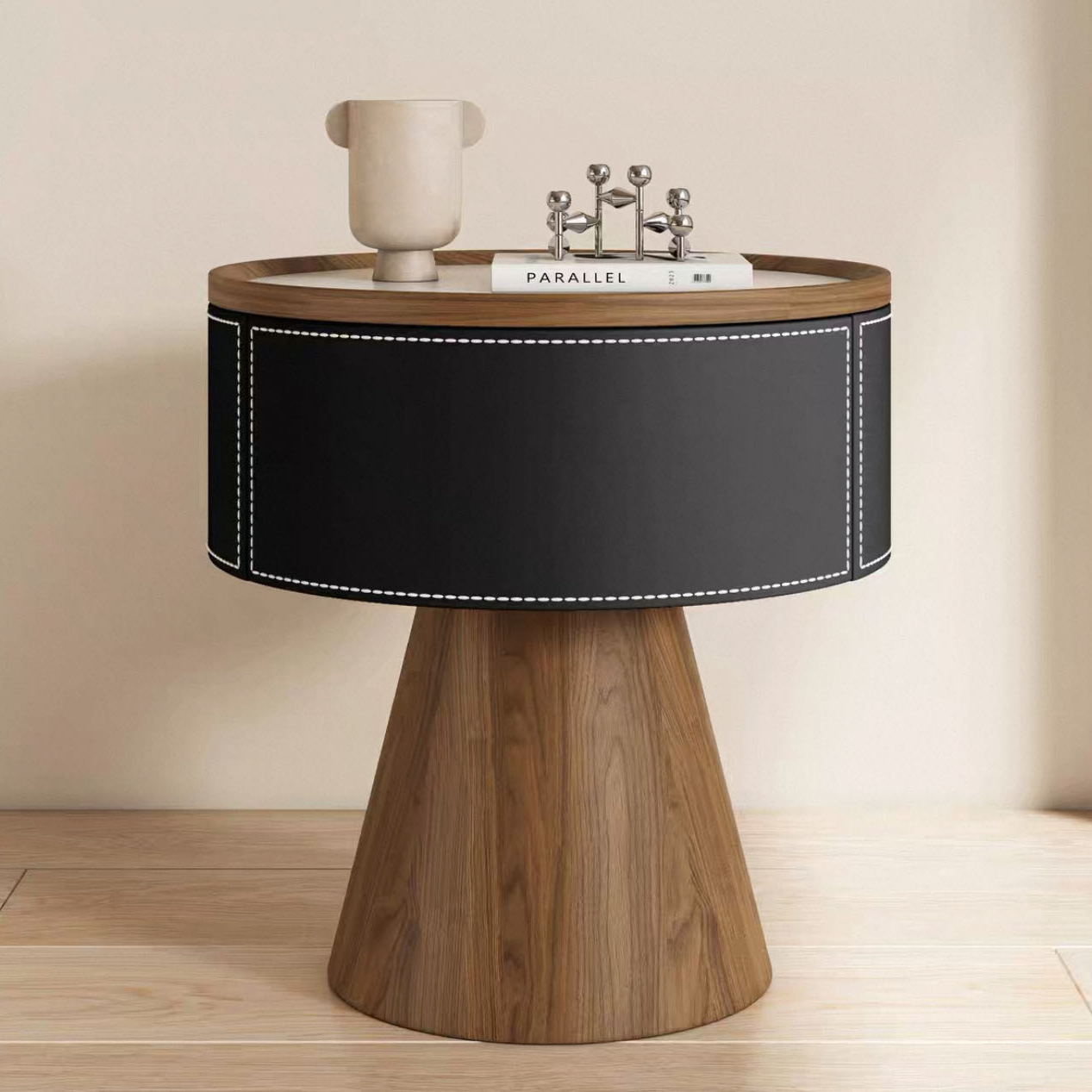 Интерьерная прикроватная круглая тумбочка обитая искусственной кожей с керамической столешницей Alvito (черный)