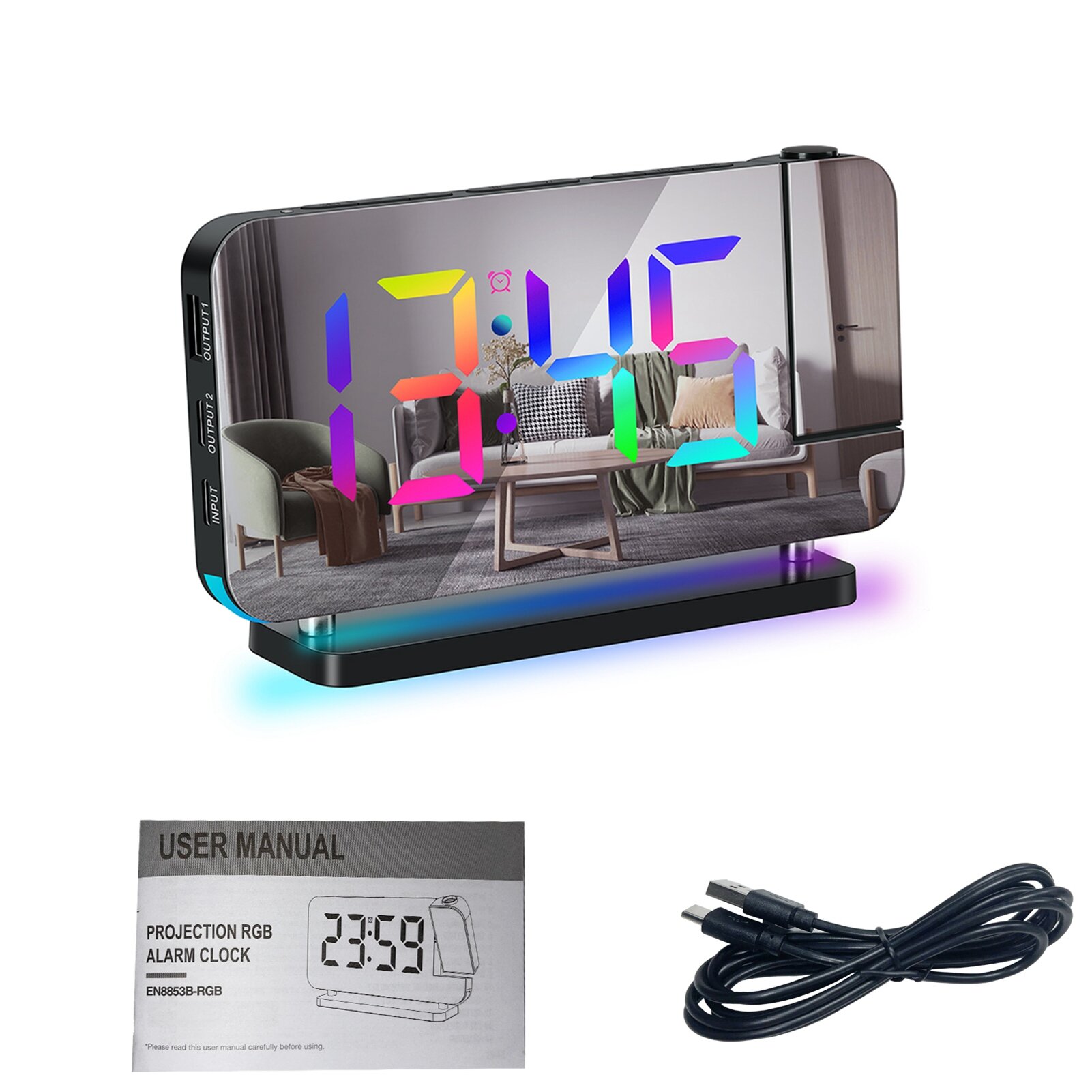 Проекционные будильники для спальни 7-дюймовые RGB Красочные светодиодные цифровые часы с зеркальной поверхностью 6-уровневой яркости Dimmer USB-зарядного устройства Функция Snooze 12/24H 11 Цветов 180 градусов Проектор на потолке