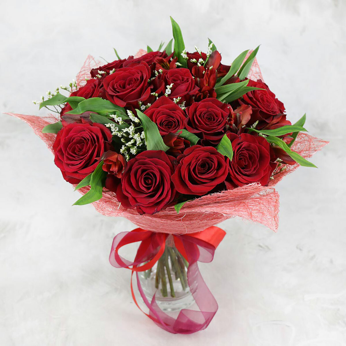 Букет Букет Маркет, розы, альстромерии, лимониумы, с декоративной пленкой, 60 см