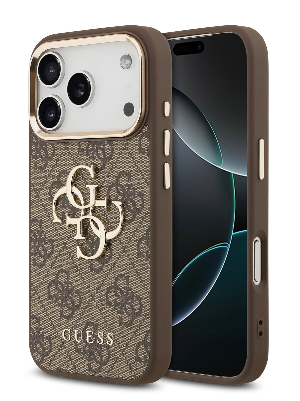Guess чехол для iPhone 17 Pro Max, PU кожа 4G Big metal logo Gold camera, коричневый