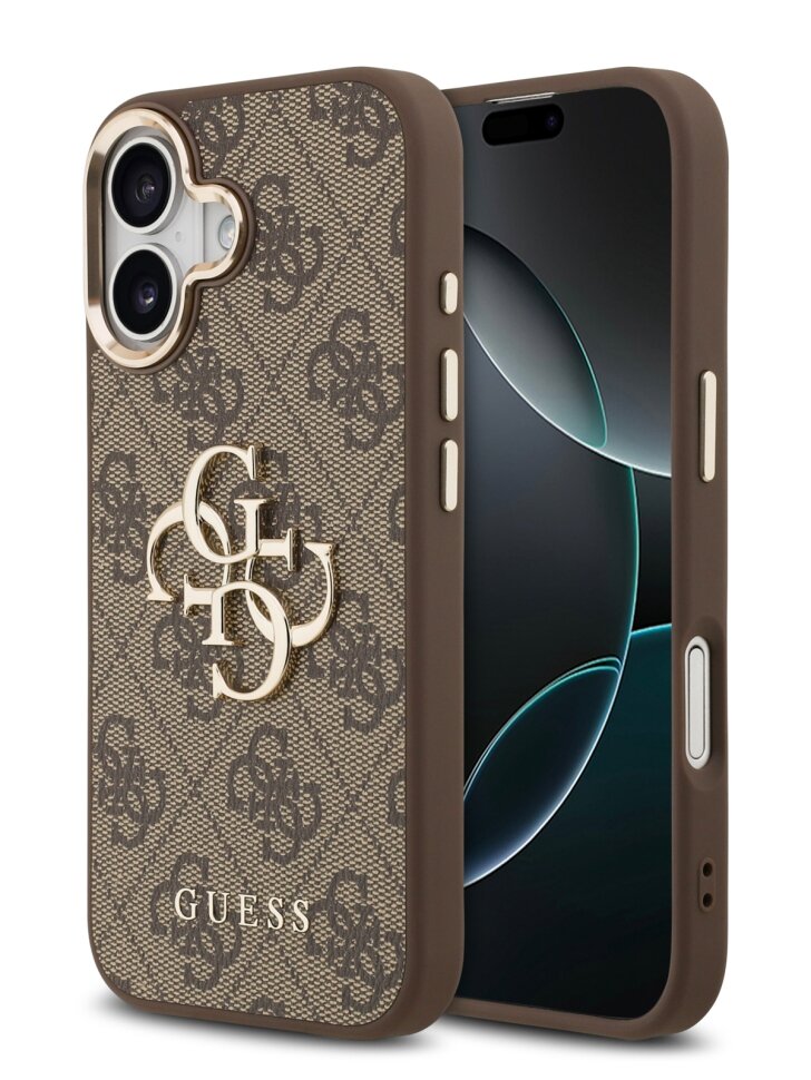 Guess чехол для iPhone 17, PU кожа 4G Big metal logo Gold camera, коричневый