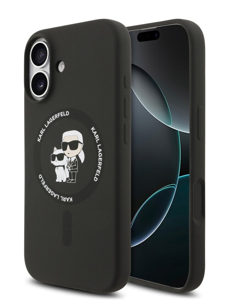 Karl Lagerfeld силиконовый чехол с MagSafe для iPhone 17, Liquid Silicone NFT Karl & Choupette, черный