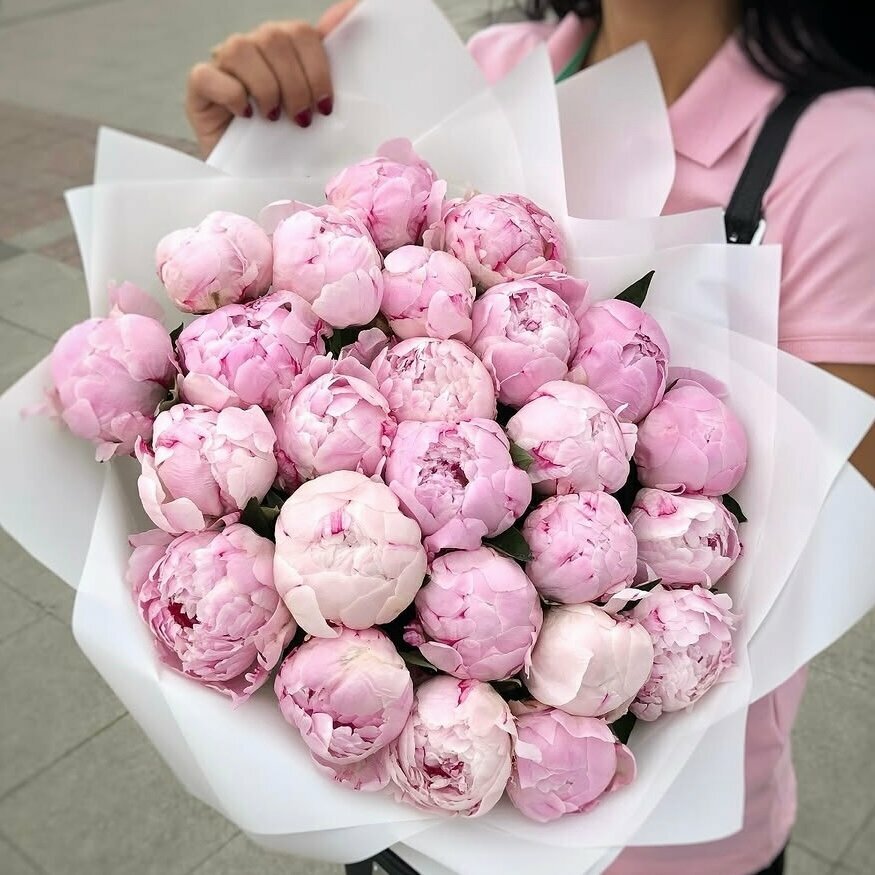 Букет из розовых пионов 25 шт, красивый букет цветов, шикарный, премиум цветы, премиум букет