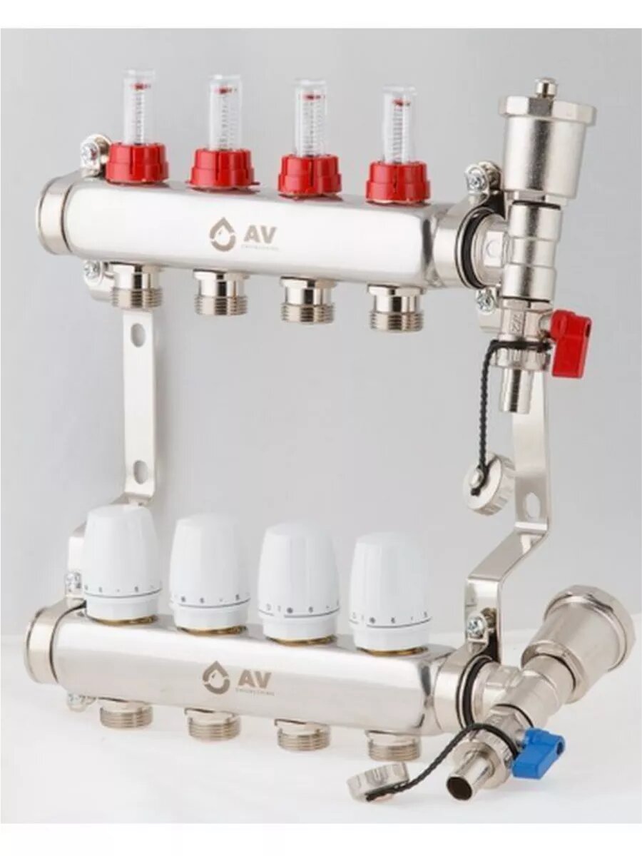 Комплект коллекторов AV Engineering для теплого пола и водоснабжения на 4 контура с расходомерами (AVE13600104)