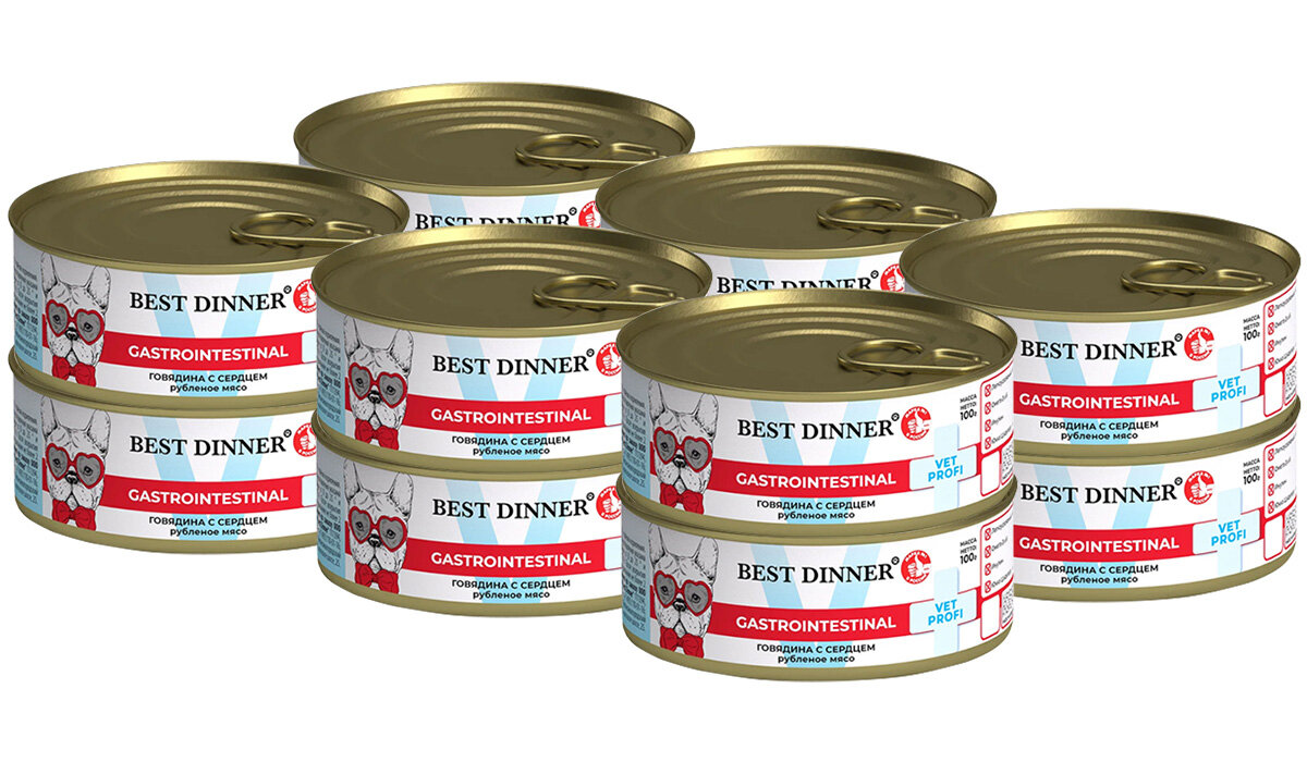 Корм влажный Best Dinner Exclusive Vet Profi Gastro Intestinal для собак и щенков с чувствительным пищеварением, говядина и сердце, 100 г х 12 шт