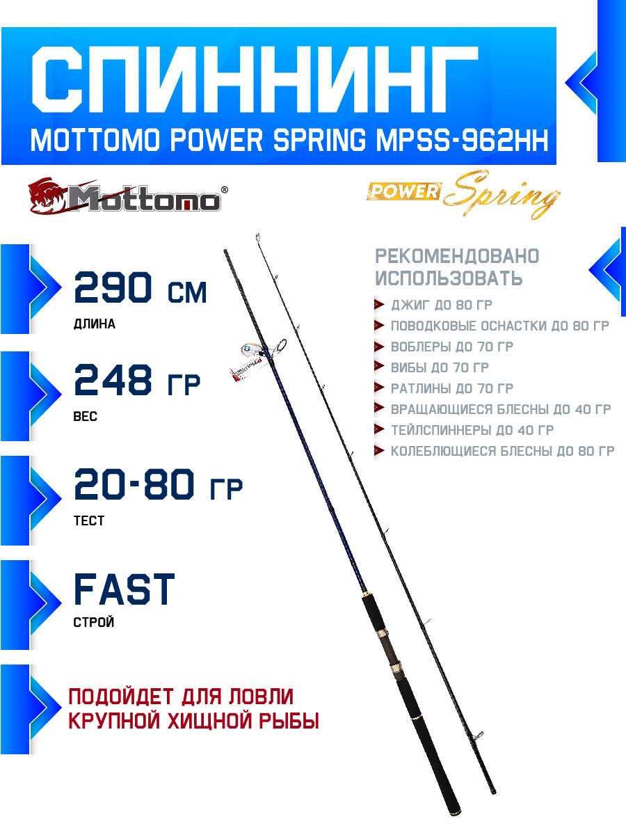 Спиннинг Mottomo Power Spring MPSS-962HH 290см/20-80g на щуку, судака, окуня