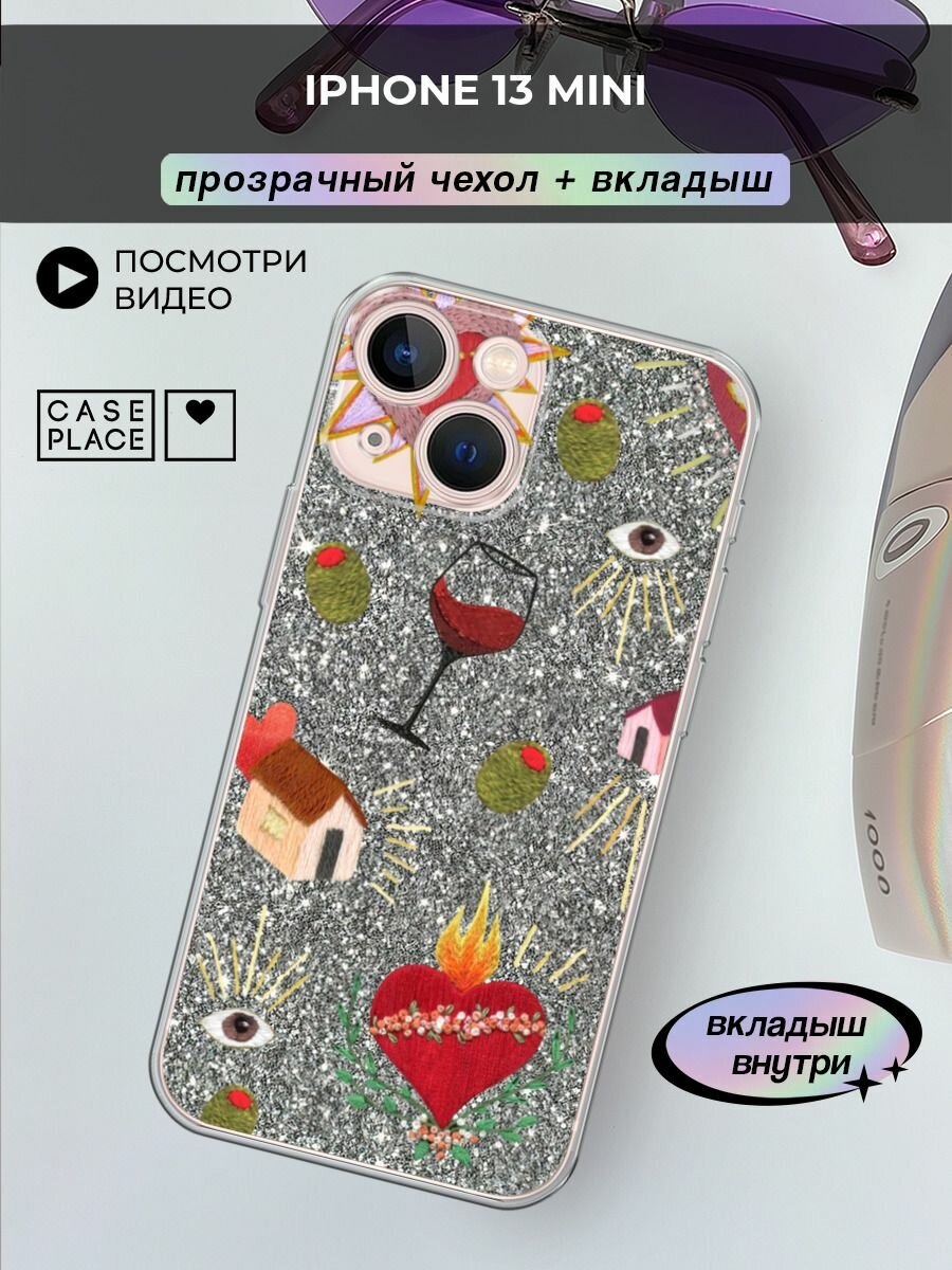 Чехол на Apple iPhone 13 mini / Айфон 13 мини с блестками и принтом Ниточный коллаж