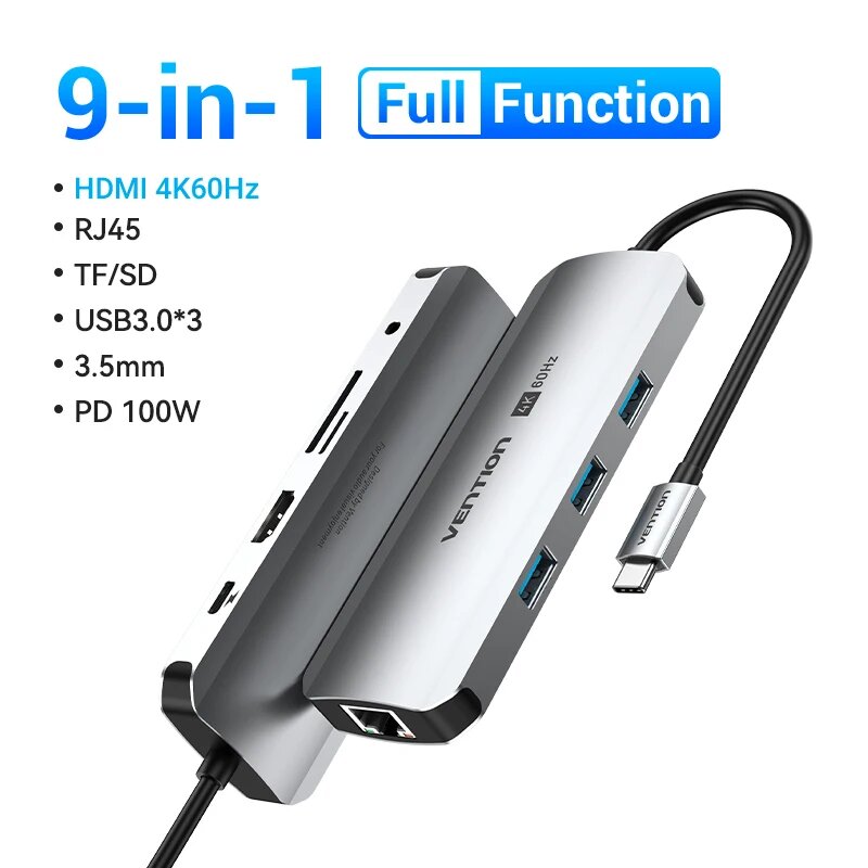 Vention USB-C хаб 9-в-1 HDMI 4K 60Hz RJ45 PD 100W