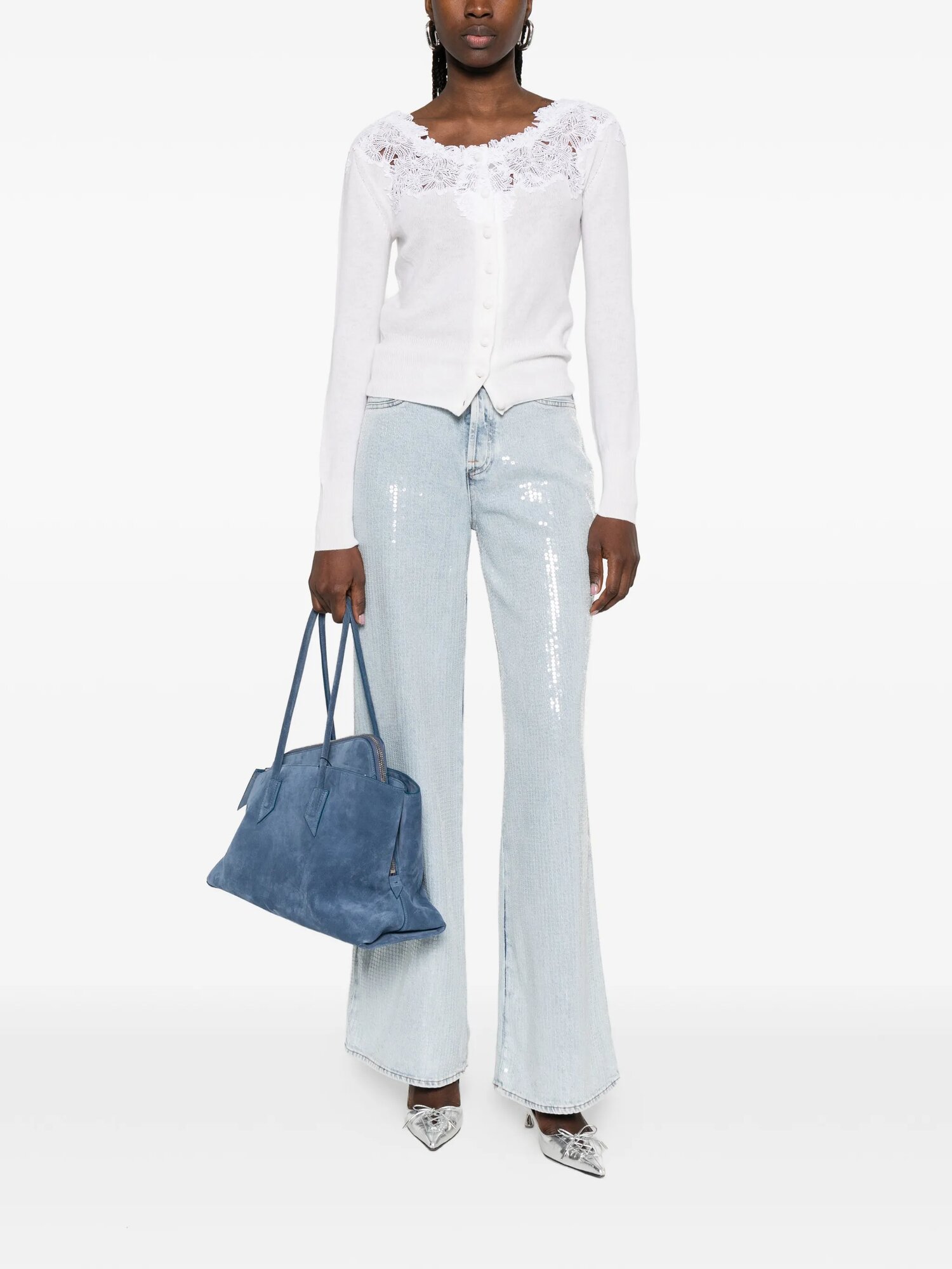 Кардиган Ermanno Scervino Lace cardigan, размер 42, бежевый/белый — фото 1