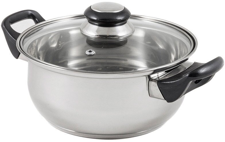 Кастрюля из нержавеющей стали BAK-02 с крышкой стекло 2 л бакелитовые ручки 3-слойное дно 0.3 мм стенки