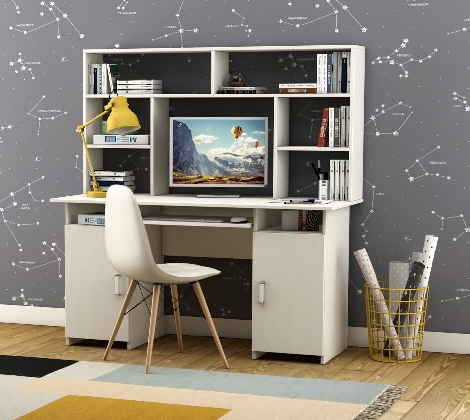 Стол письменный, стол компьютерный Лайт (Ньюкасл) 6К с надстройкой белое дерево