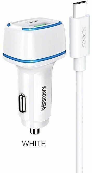 Зарядное устройство в автомобиль для быстрой зарядки 2 выхода QC 3.0 и PD 20W USB + Type C + провод для зарядки Type C - Type C 1 метр цвет белый