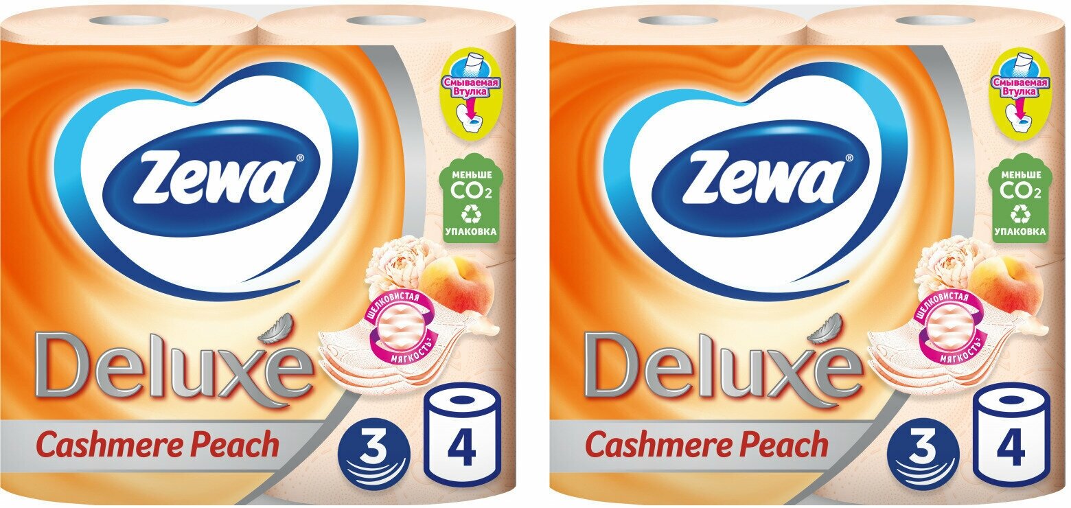 Туалетная бумага, Zewa, Deluxe трехслойная, персик, 4 шт, 2 уп