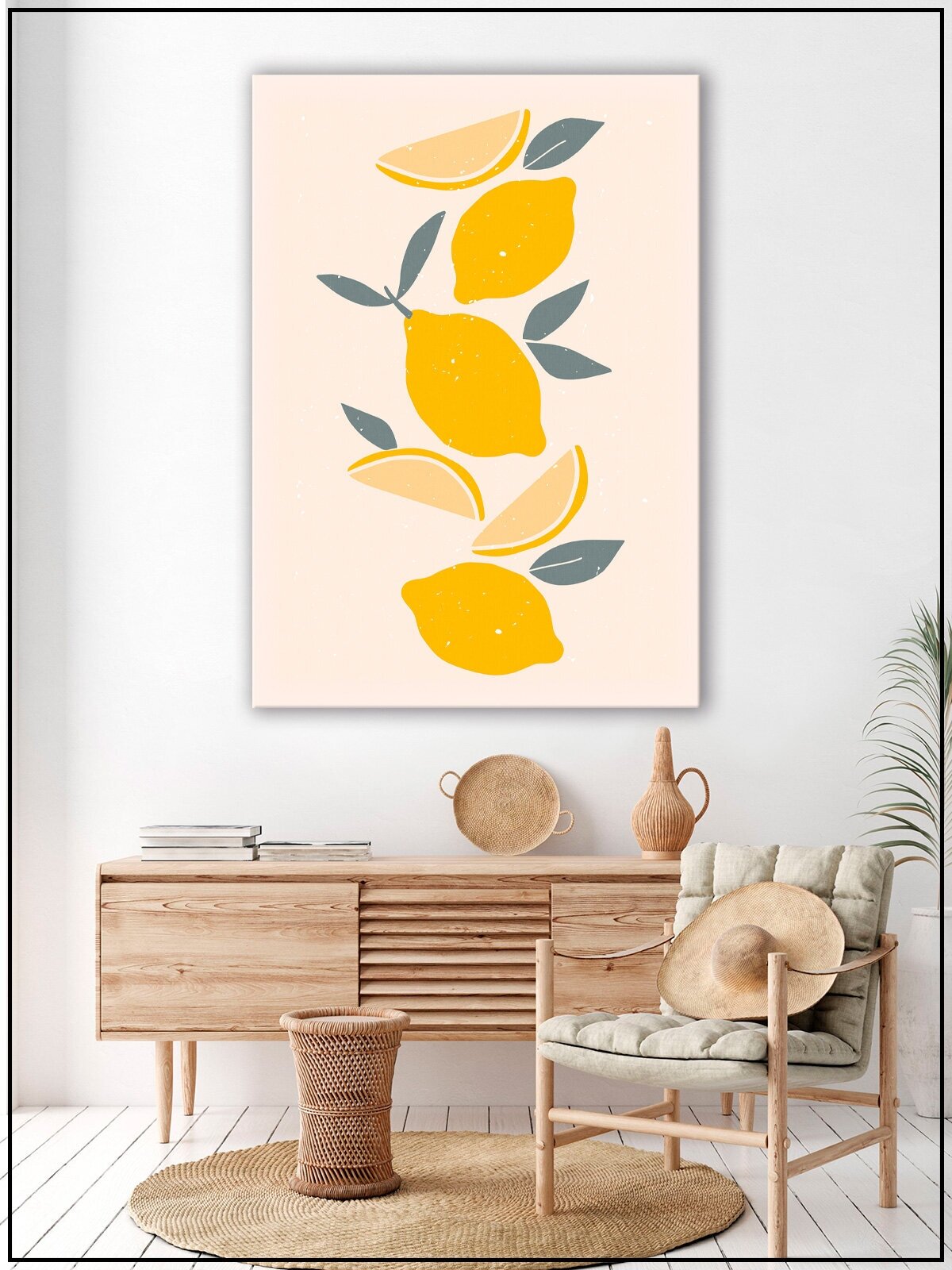 Картина для интерьера на натуральном хлопковом холсте "Абстракция лимоны", 70*100см, холст на подрамнике, картина в подарок