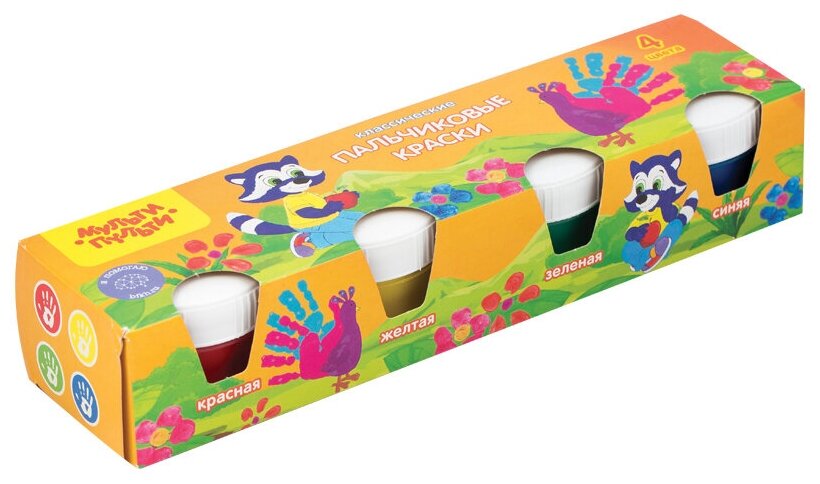 Краски пальчиковые Мульти-Пульти "Приключения Енота", 04 цвета, 140мл, классические, картон 259164