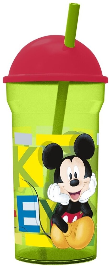 Стакан пластиковый с соломинкой и крышкой-полусферой (прозрачный, 460 мл). Микки Маус Акварель