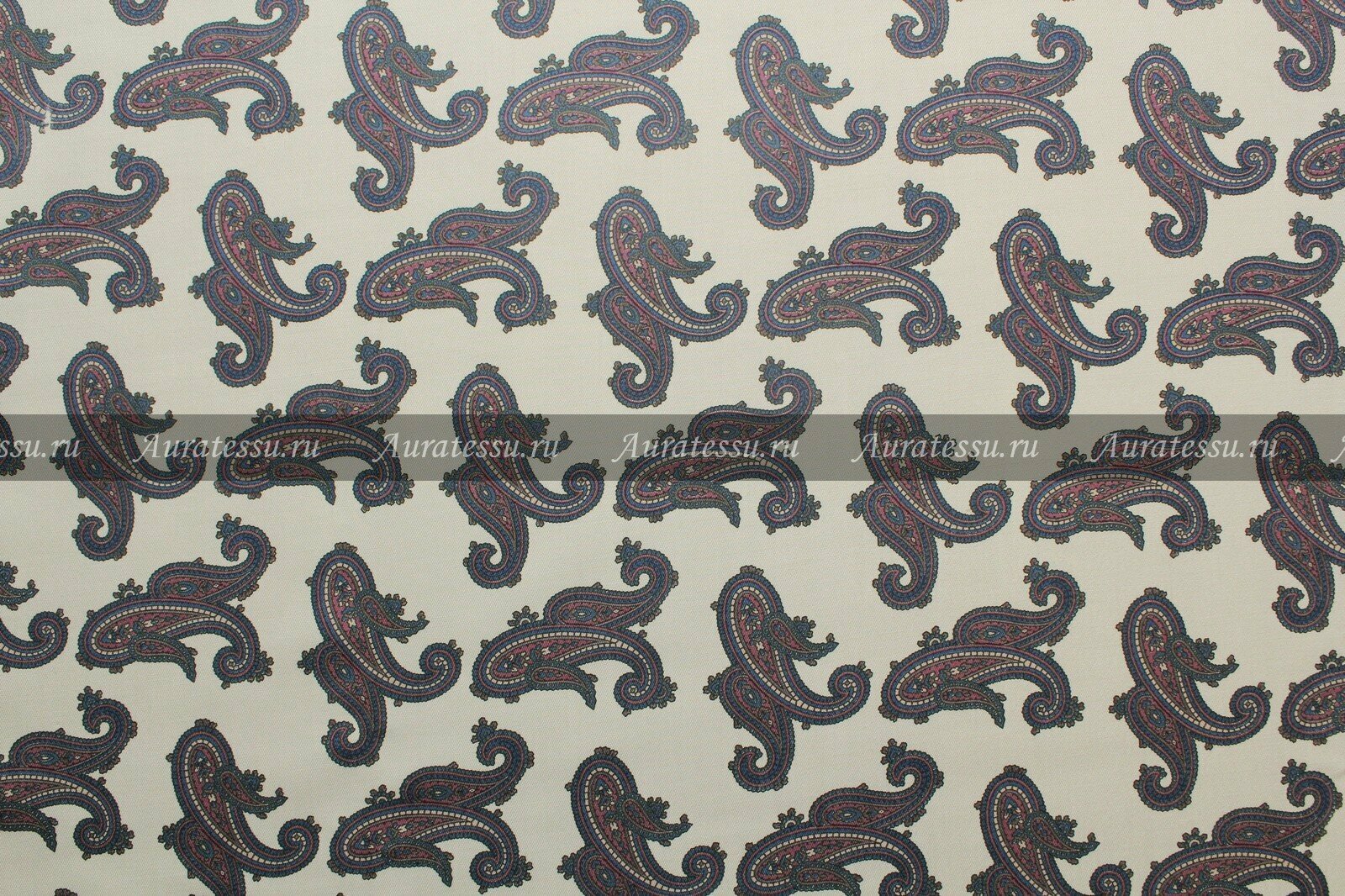 Ткань Шёлковый набивной твил бежевато-кремового цвета «огурцами» цвета маренго, ш98см, 0,5 м