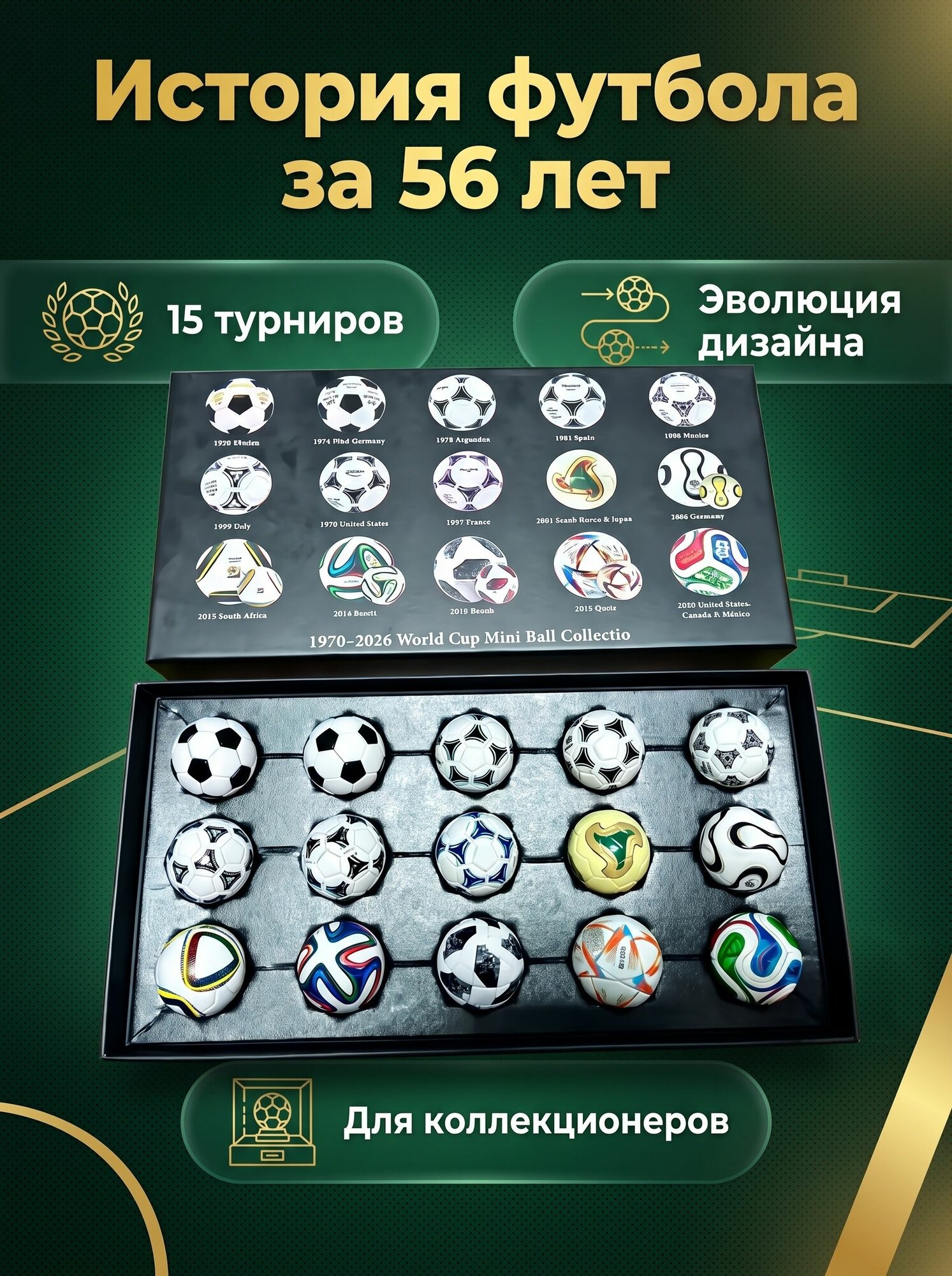 Коллекционный набор мини-футбольных мячей ЧМ 1970-2026, 15 шт, 3.8 см, ABS+кожа, шелкография, Подарочная коробка