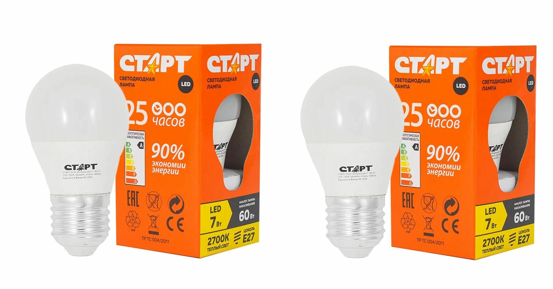 Старт Лампочка Eco LedSphereE27 7W, 2 уп.