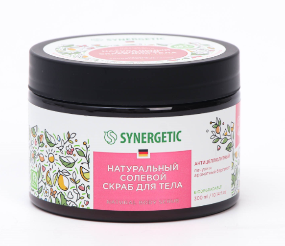 Натуральный солевой скраб для тела Synergetic, антицеллюлитный, пачули и ароматный бергамот, 300 мл