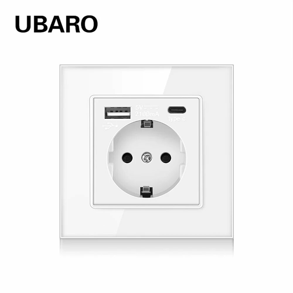 UBARO Стандарт ЕС из закаленного роскошного хрустального стекла, настенная розетка, электрическая USB-розетка типа C, 5 В, 2100 мА, AC110-250 В, 16 А