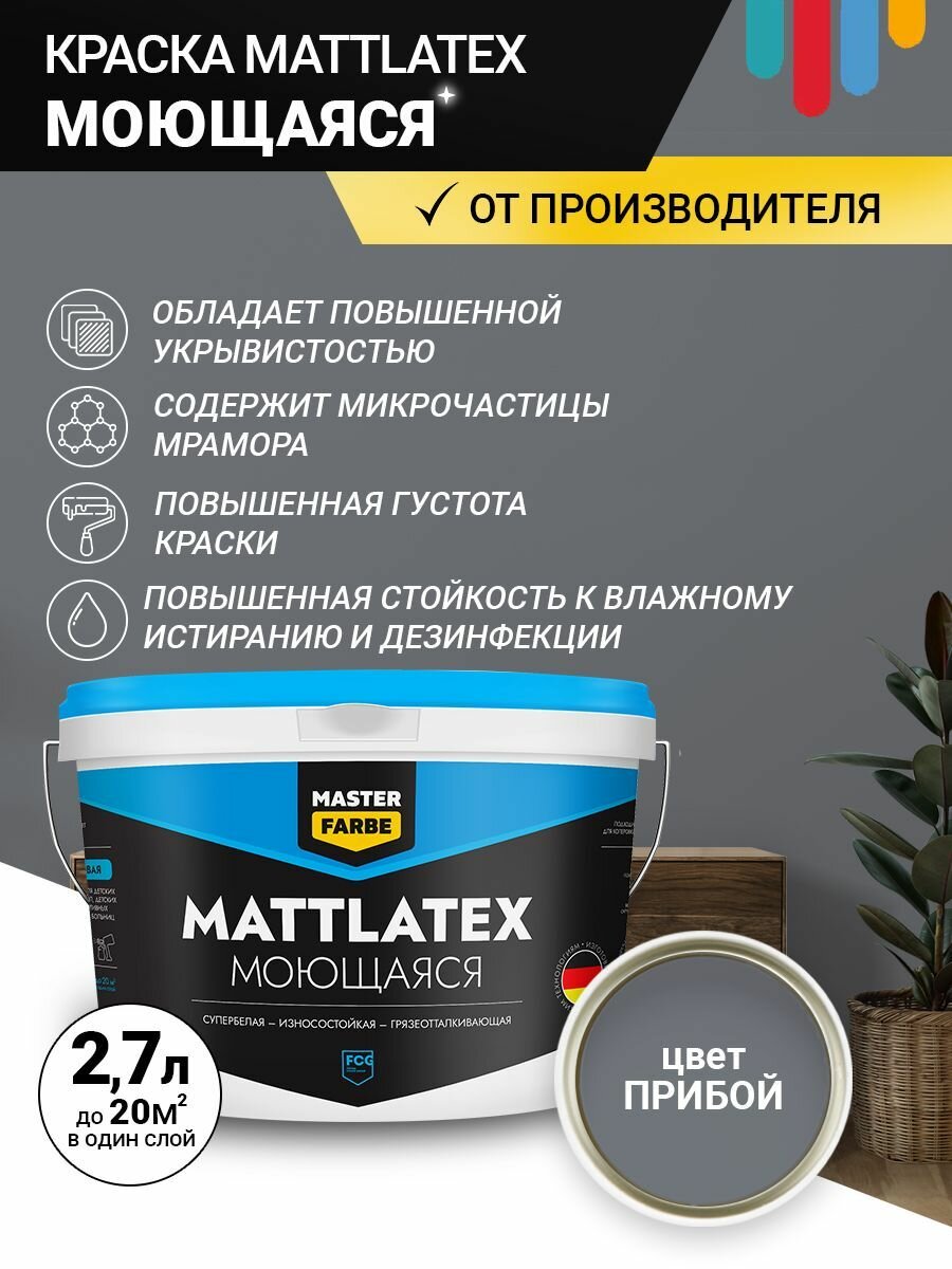 Краска моющаяся MASTERFARBE ВД Mattlatex интерьерная, для стен и потолков прибой 2.7л