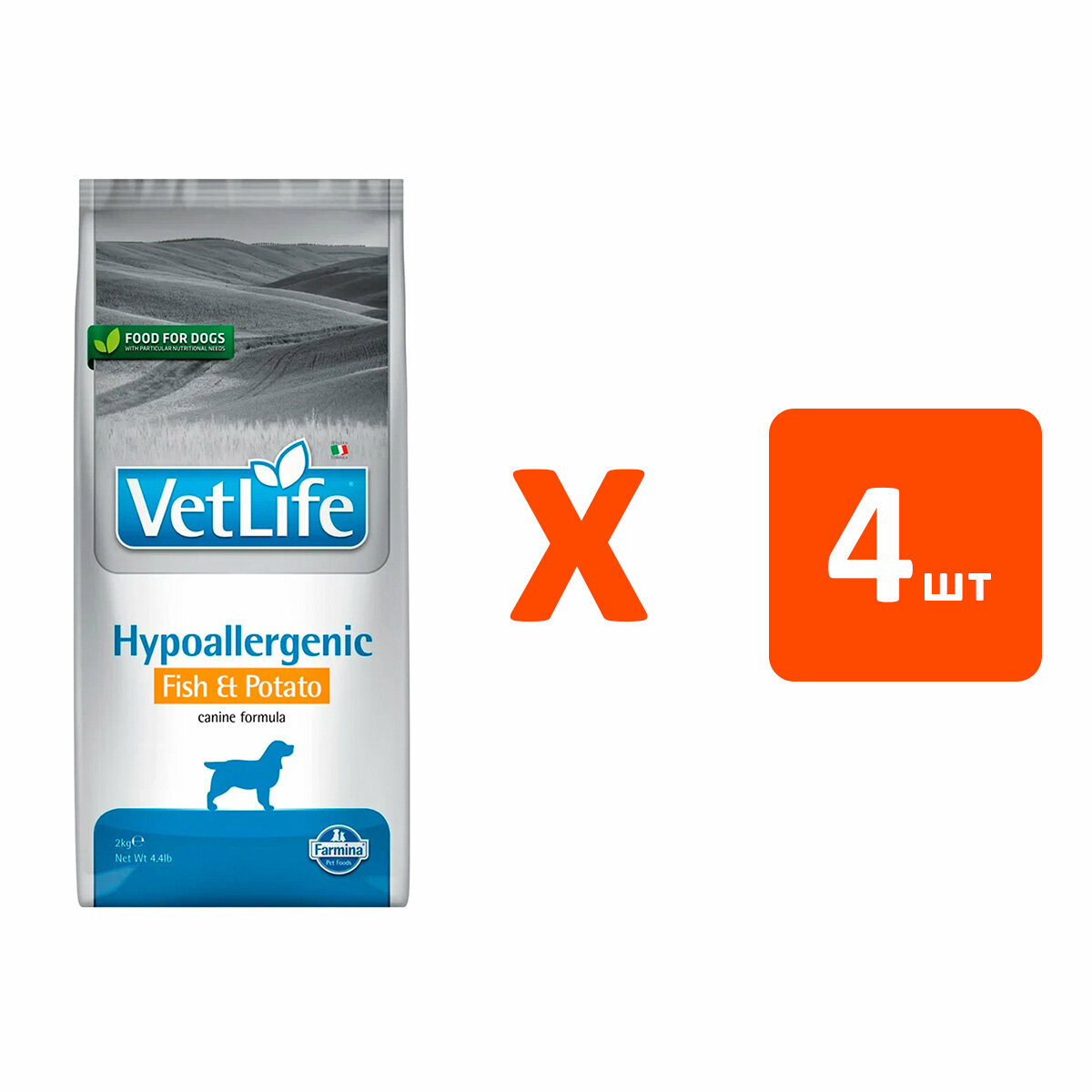 FARMINA VET LIFE CANIN HYPOALLERGENIC для взрослых собак при пищевой аллергии, непереносимости с рыбой и картофелем (2 кг х 4 шт)