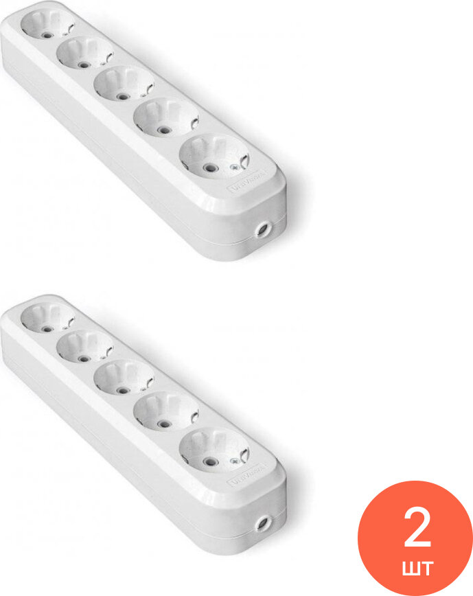 Блок розеток UNIVersal / Юниверсал 5 гнезд с заземляющими контактами АБС пластик, белый Е-305 / колодка электрическая для удлинителя (комплект из 2 шт)