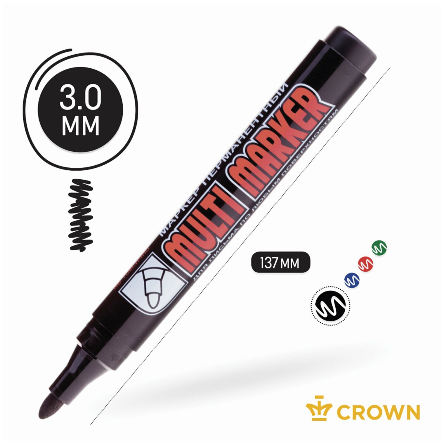 Маркер перманентный пулевидный, 3 мм, черный, Crown, Multi Marker, CPM-800, 12 шт. в упаковке.