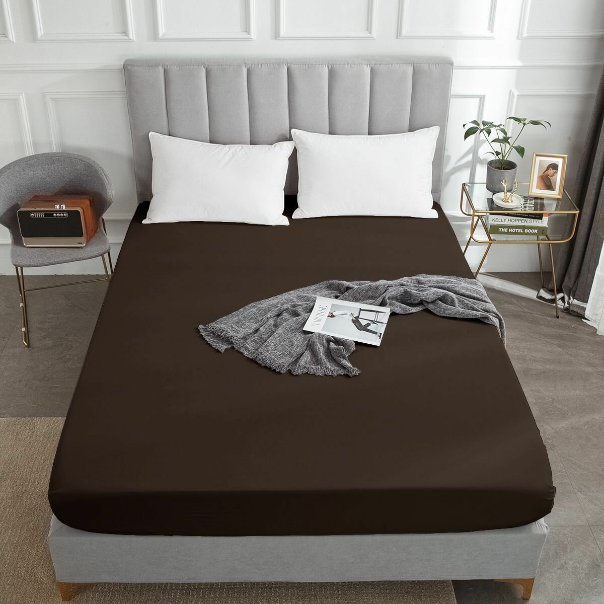 Простыня на резинке Евро 180х200 Monocolor Шоколад Сатин,100% хлопок