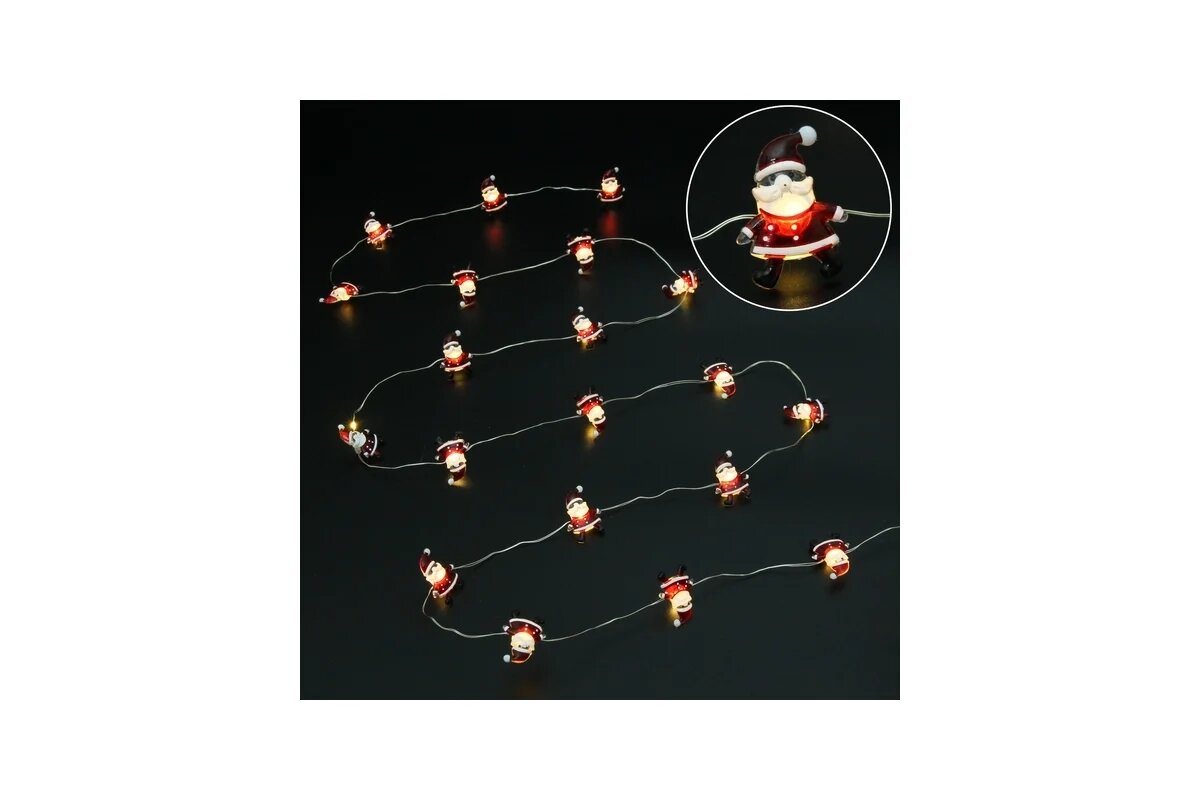 Серпантин Гирлянда для дома "Дед Мороз" (3,3*2,5см) на батарейках 2,0 м 20 ламп LED, 1 реж, IP-20, Теплый белый (батарейки CR2032) 183-0402
