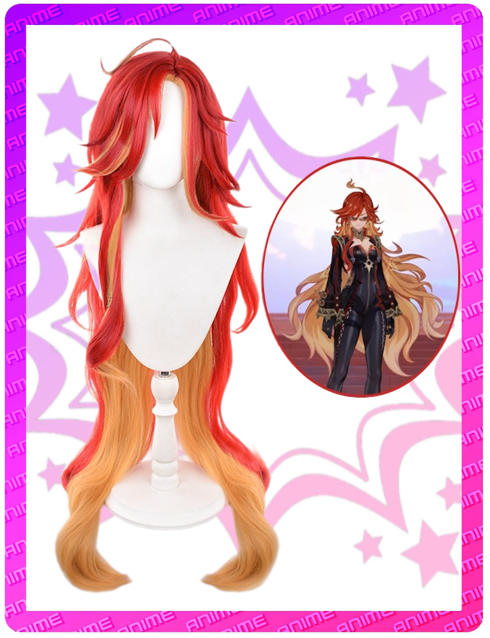 Аниме косплей парик красный с рыжими полосками Геншин Импакт Маувика , 80см