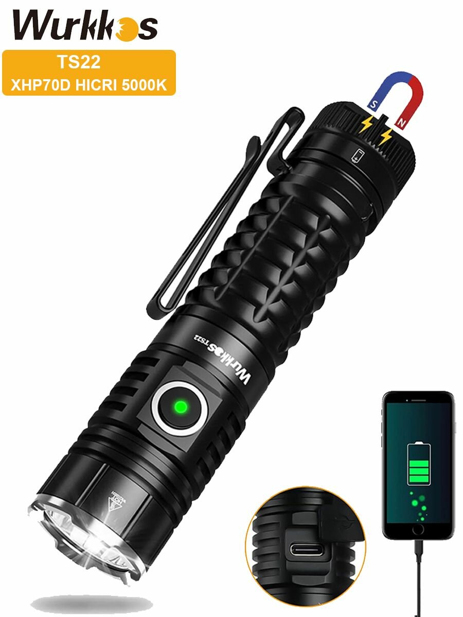 TS22 Фонарь 4500 Люмен XHP70D HICRI LED лампа, IP68 Водонепроницаемый магнитный фонарь, Внешний аккумулятор, черный 5000K
