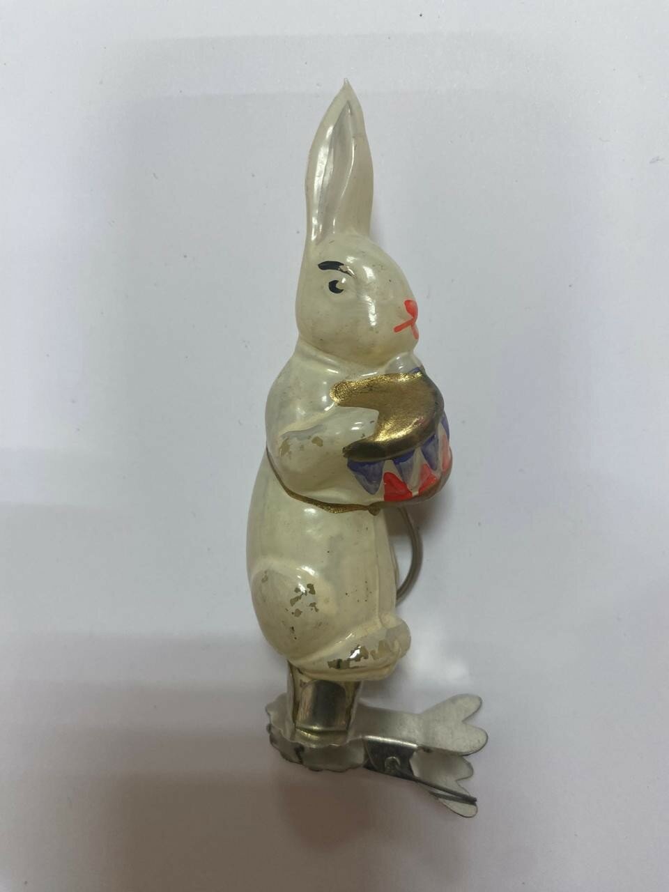 Игрушка на елку Заяц с барабаном 10 см Винтаж из СССР