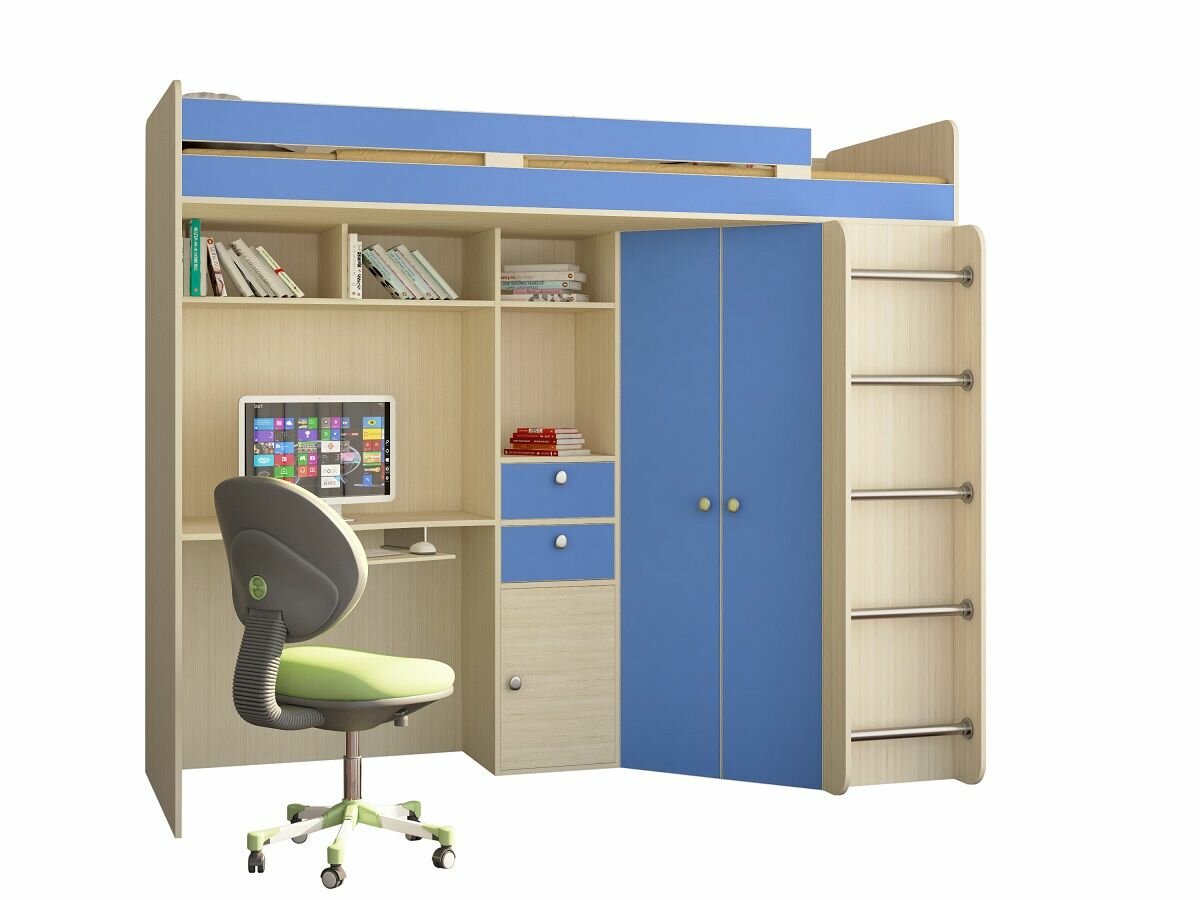 Кровать-чердак Астра, дуб молочный/голубой, 202х100х190, со шкафом для одежды и столом