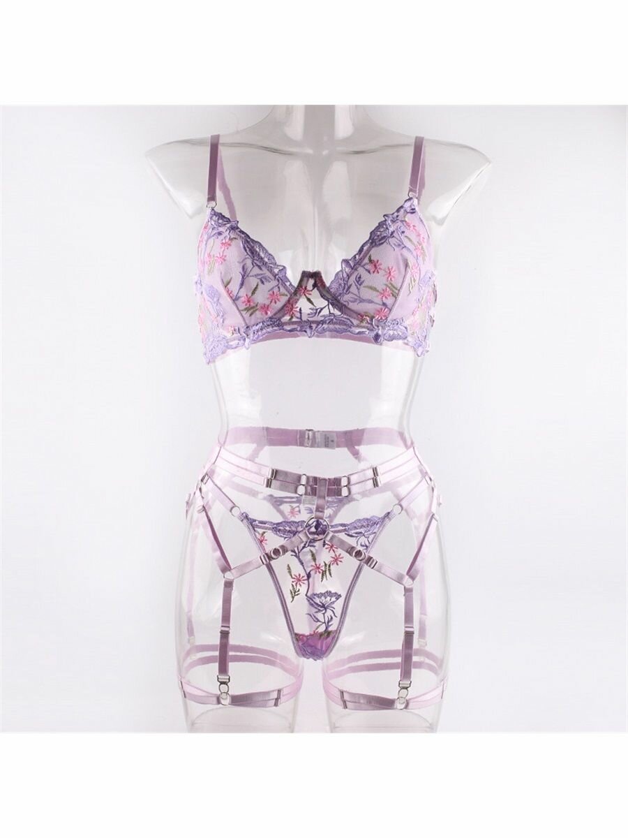 Светло-фиолетовая цветочная вышивка со стальным кольцом, прозрачные стринги, женское сексуальное нижнее белье, комплект из трех частей