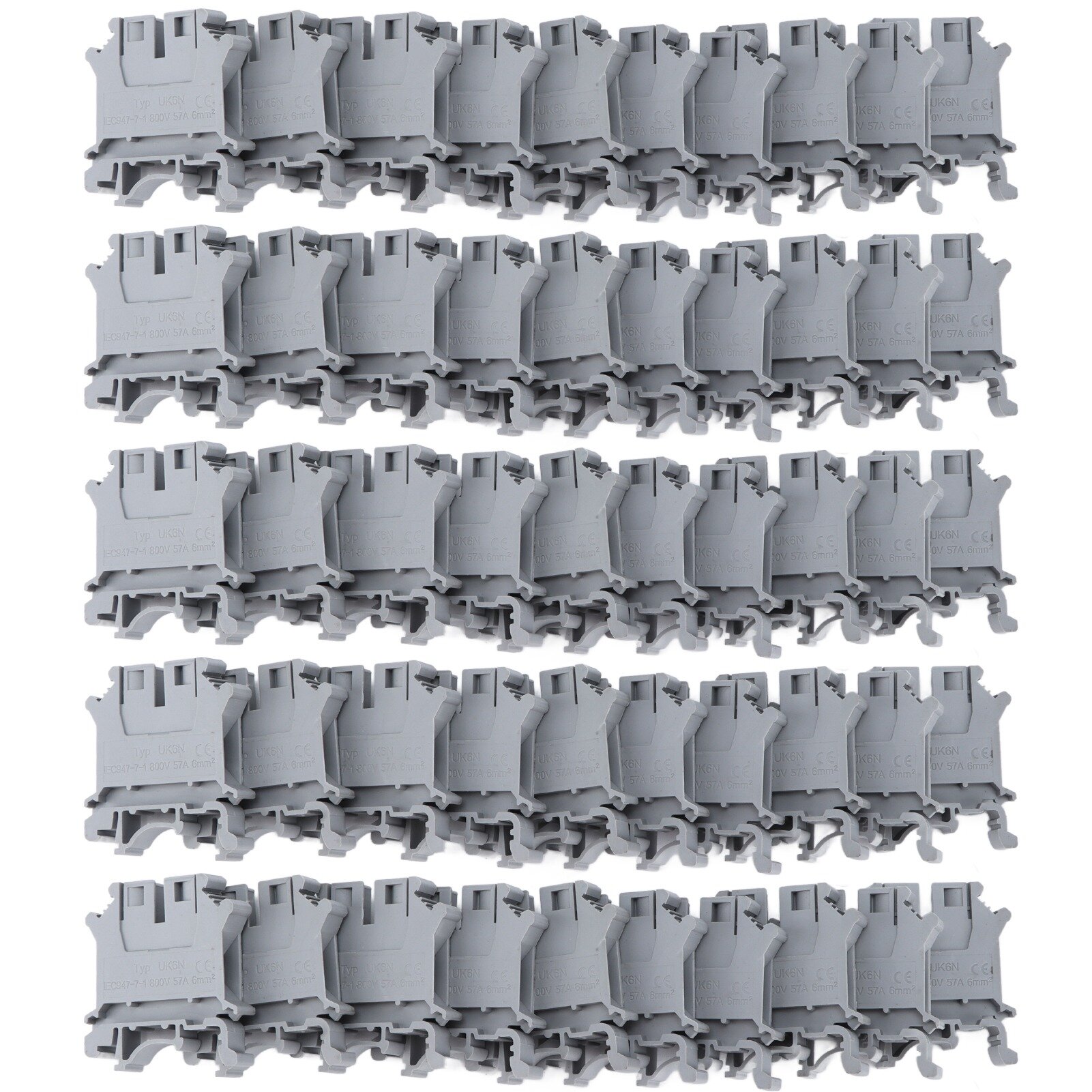 50 шт. клеммных колодок для монтажа на DIN-рейку, винтовые комбинированные из чистой меди, 57А 800В UK‑6N