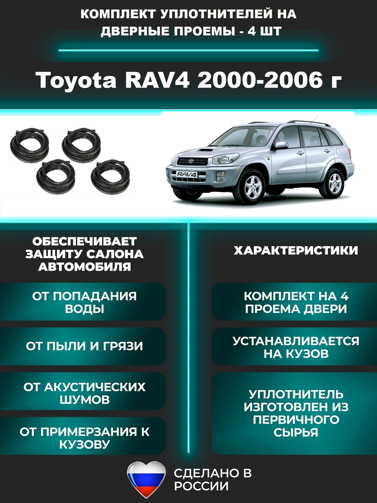 Комплект уплотнителей проемов дверей для Toyota Rav4 / Тойота Рав4 2000-2006 год (на 4 двери - 2 передние и 2 задние)