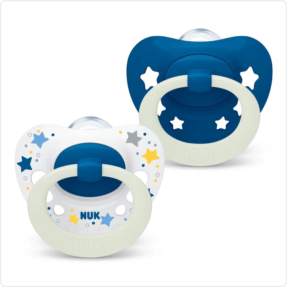 NUK SIGNATURE NIGHT Соска пустышка ортодонтическая силиконовая, разм. 2 (для детей от 6 до 18 мес.), 2 шт. в контейнере, синие звезды