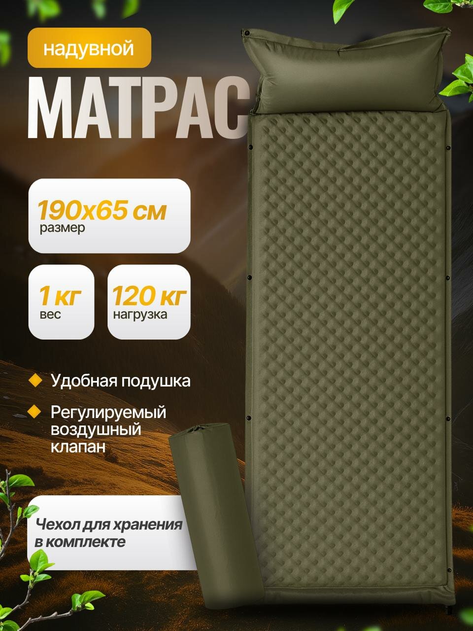 Самонадувающийся матрас 190х65 см туристический с надувной подушкой / Коврик кемпинговый многосекционный темно-зеленый