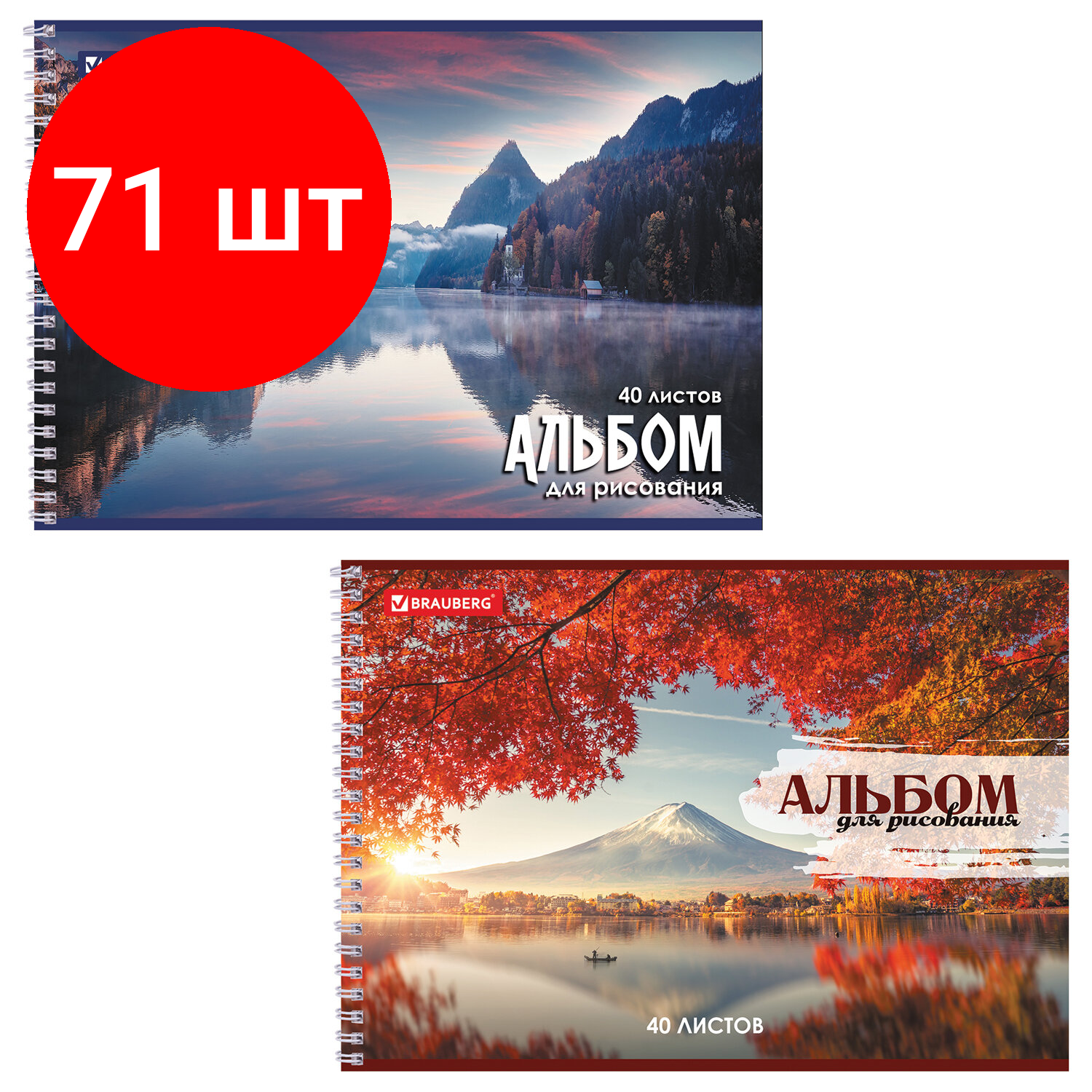 Комплект 71 шт, Альбом для рисования, А4, 40 листов, гребень, обложка картон, BRAUBERG, 195х285 мм, "Умиротворение", 106710