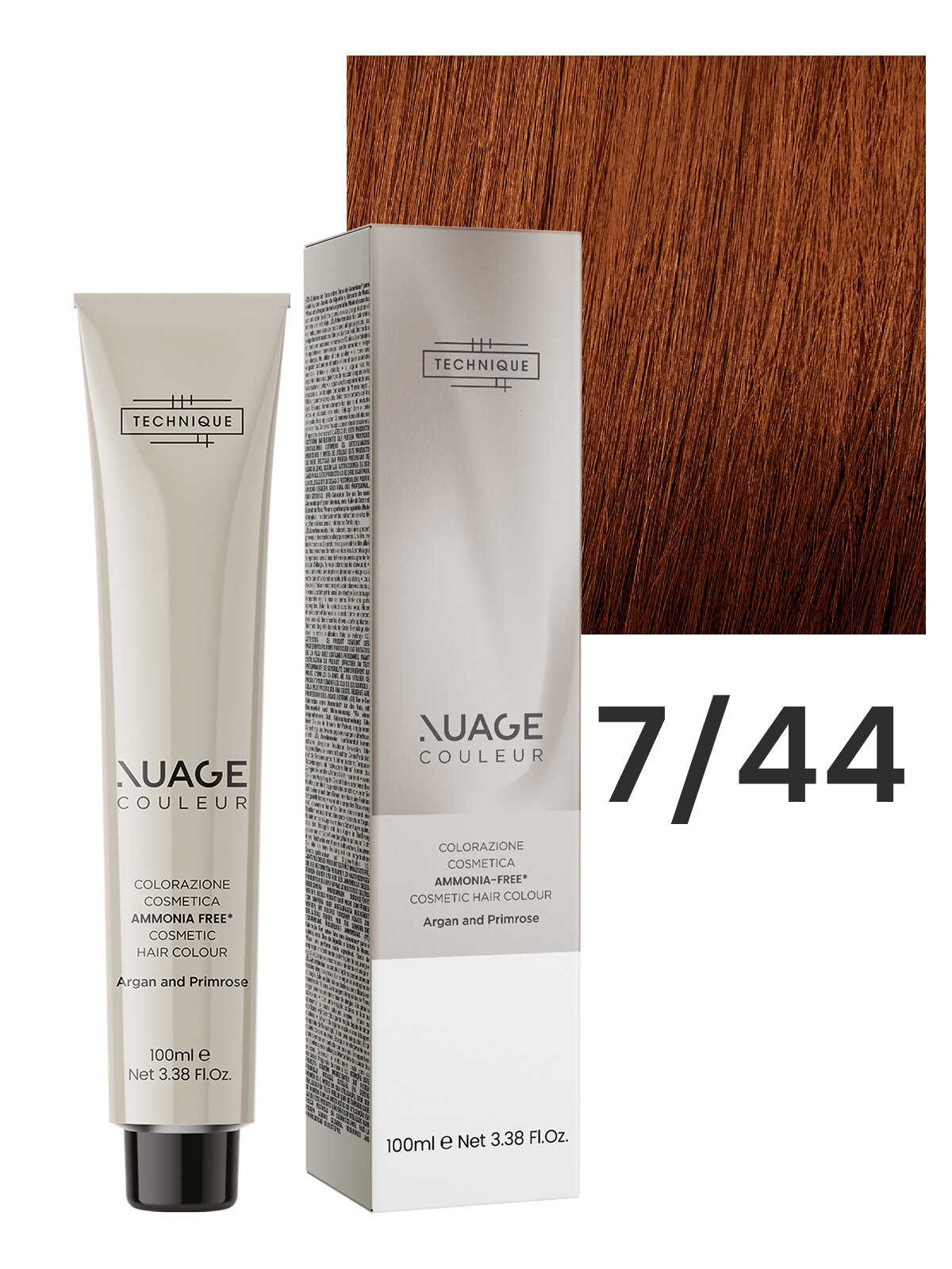 Крем - краска для волос профессиональная без аммиака Technique Nuage Ammonia Free Hair Color Cream 7.44 Русый Интенсивный медный, 100 мл