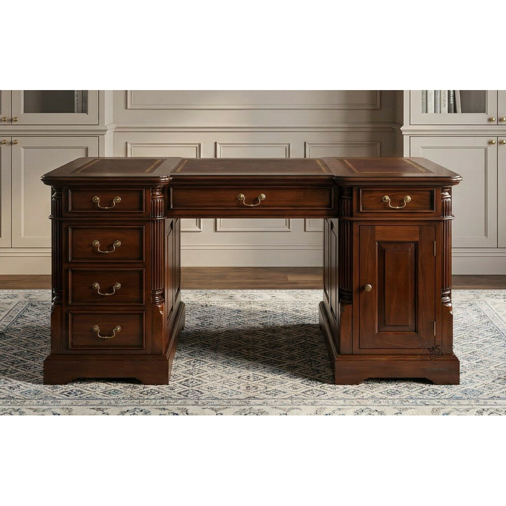 Двухтумбовый стол 140см с коричневой кожей